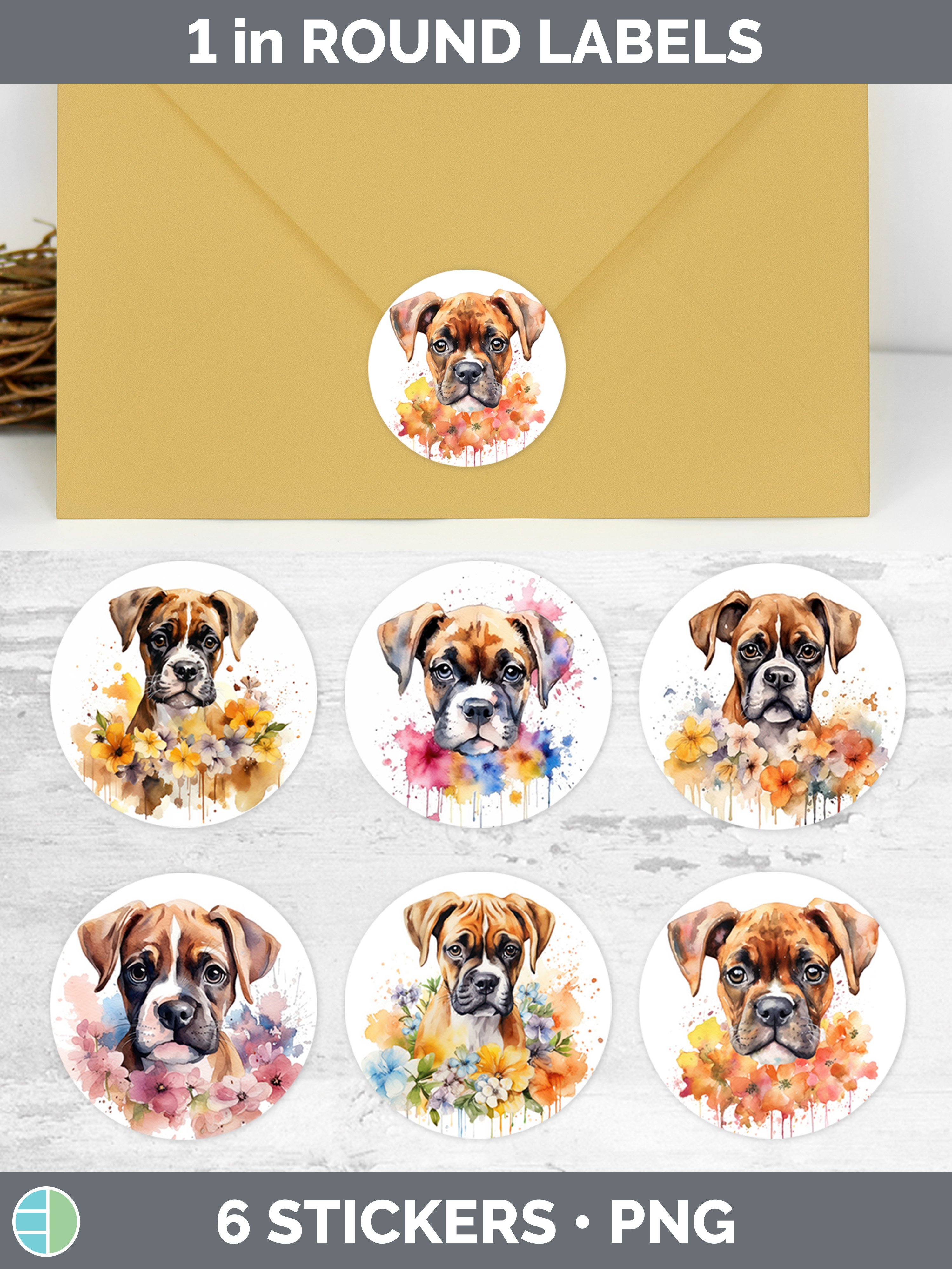 Watercolor Boxer Dog Stickers | Round Labels Designs Bundle