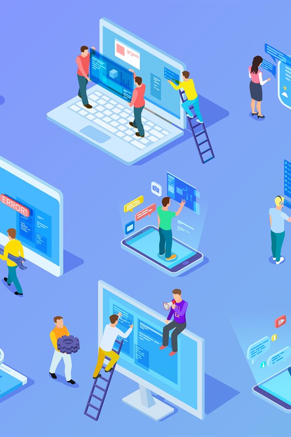 People and app interfaces isometric concept. Users and devel
