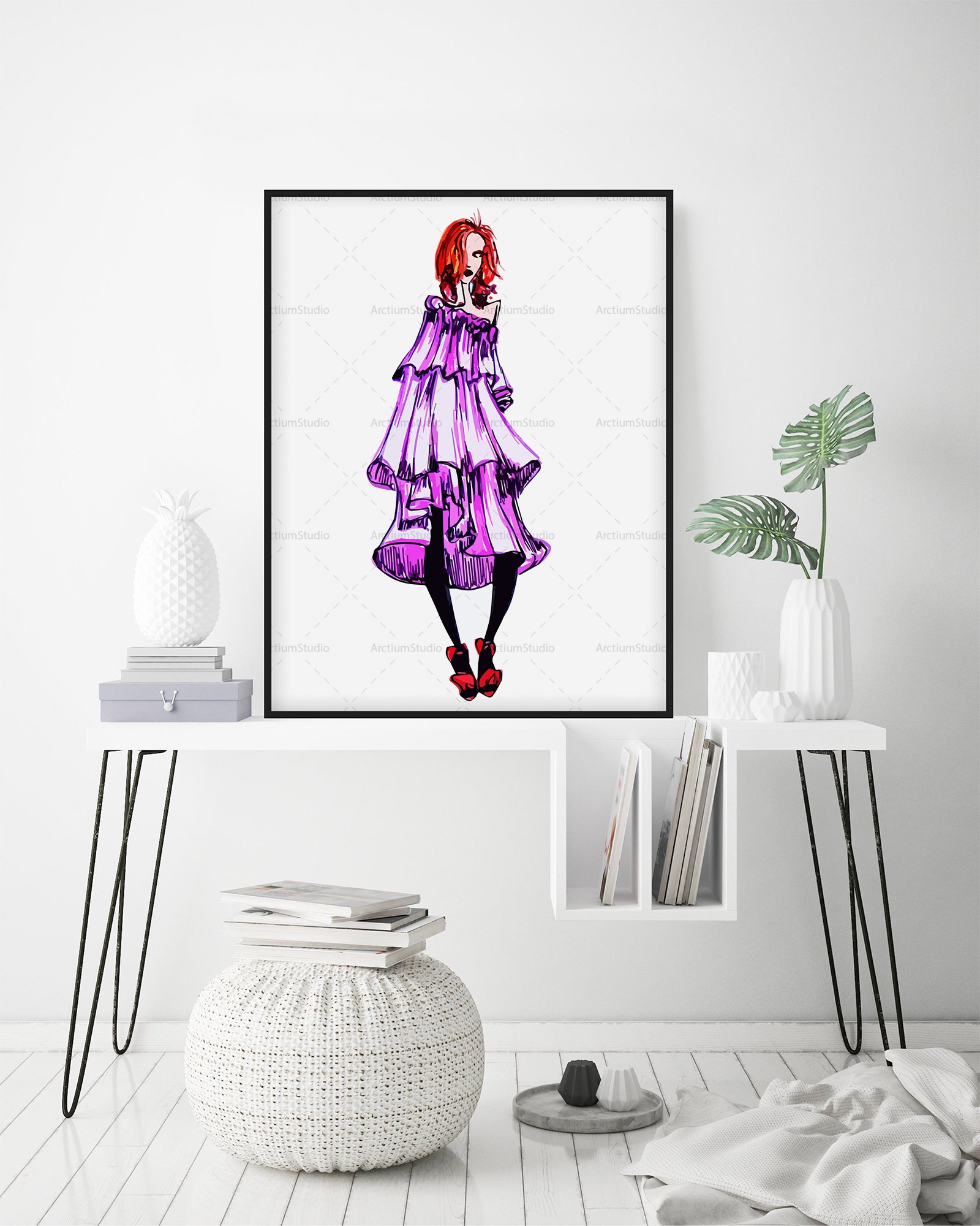 Fashion woman in purple dress illustration