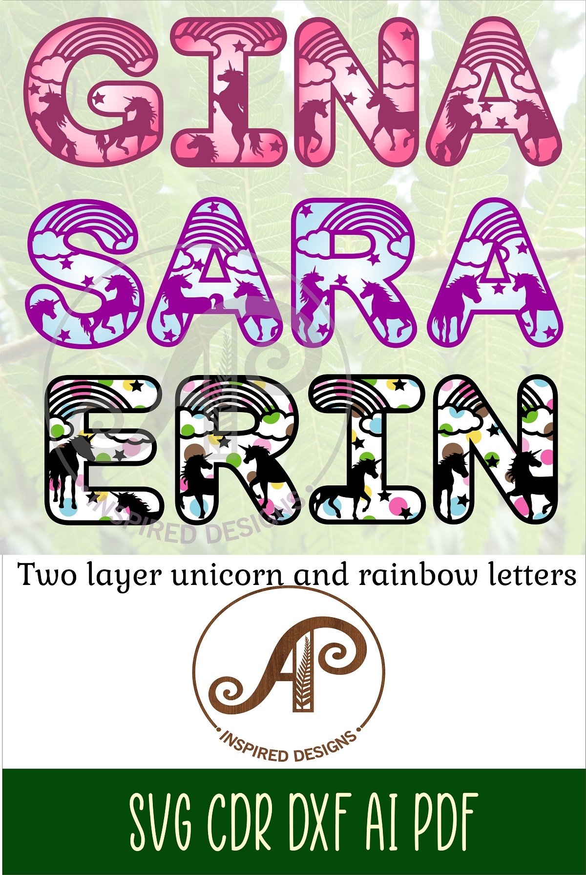 Unicorn and rainbow alphabet set. 2 layer letters. 47letter