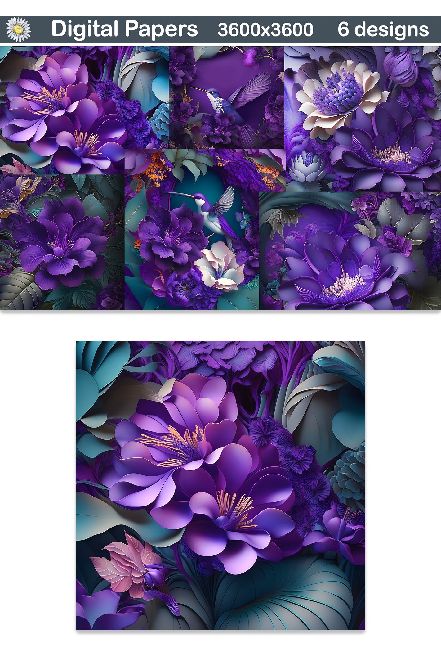 Purple Flowers 3D Digital Paper | Purple Flowers Background
