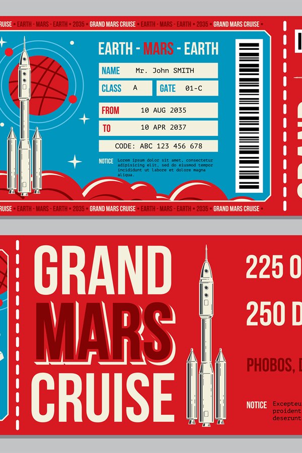 Space travel boarding pass vector template. Journey to Mars