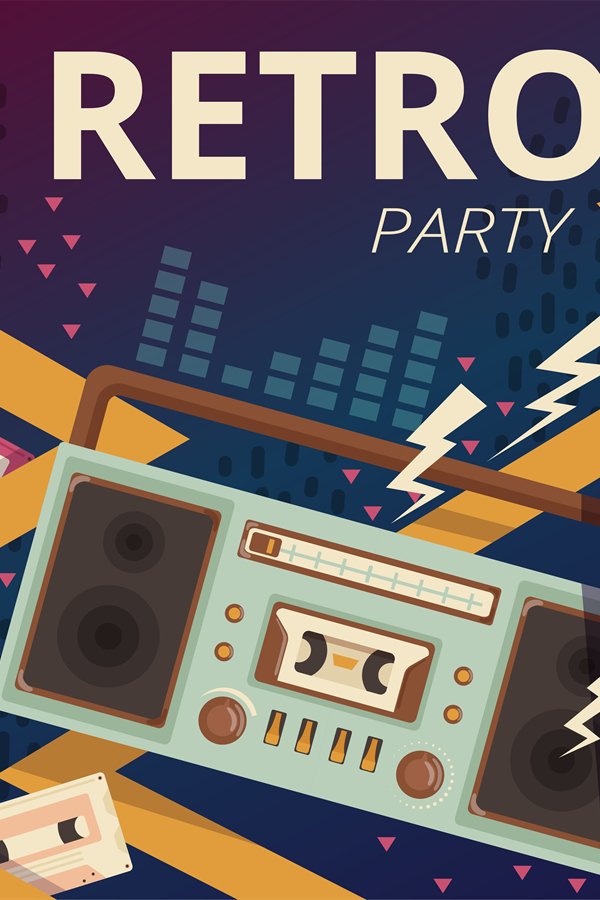 Retro radio poster. Typography design camera music cassette