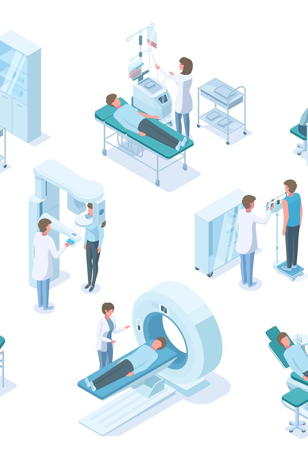 Isometric doctors and patients with hospital medical diagnos