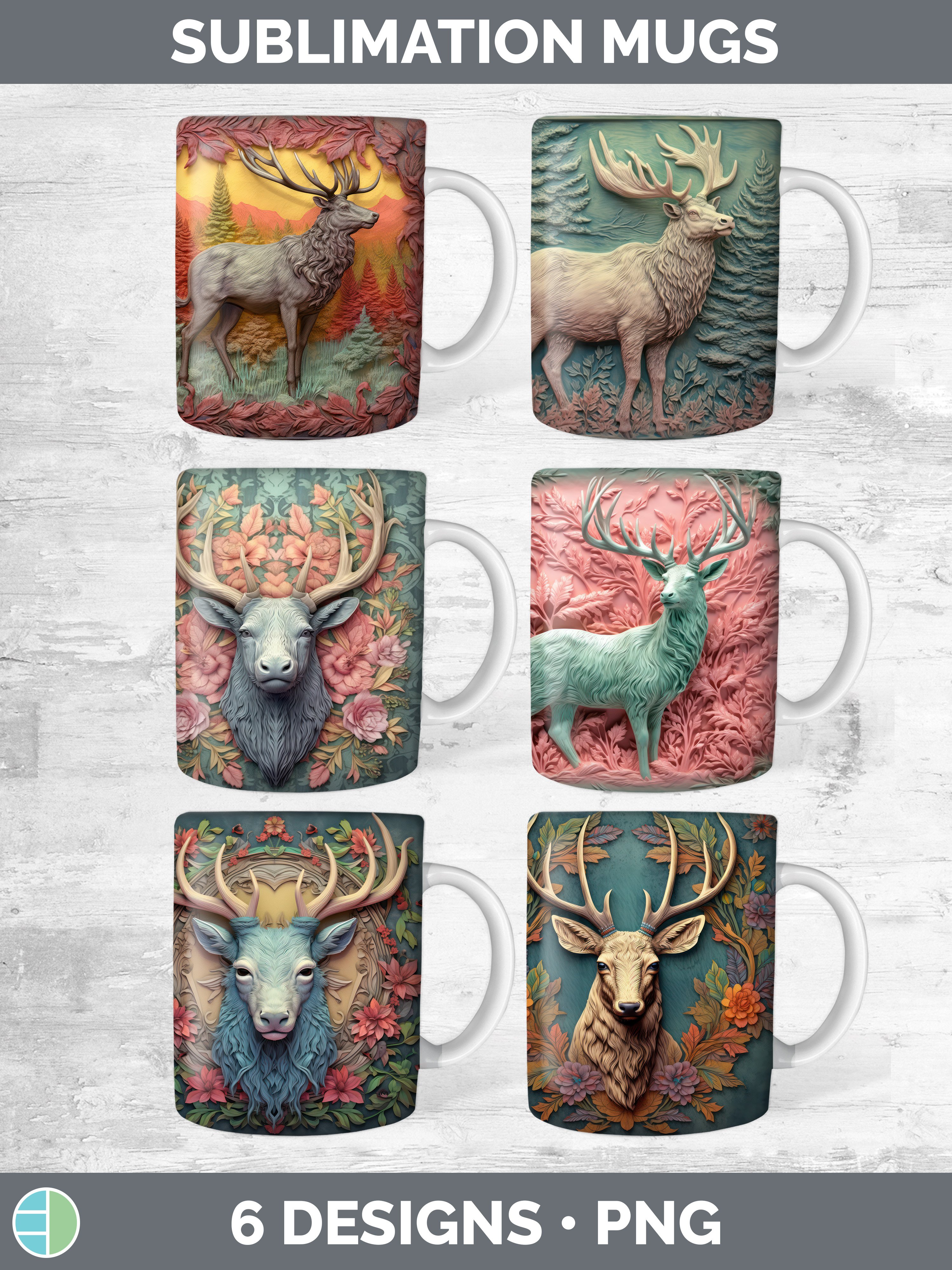3D Elk Mug Wrap | Sublimation Coffee Cup Designs Bundle