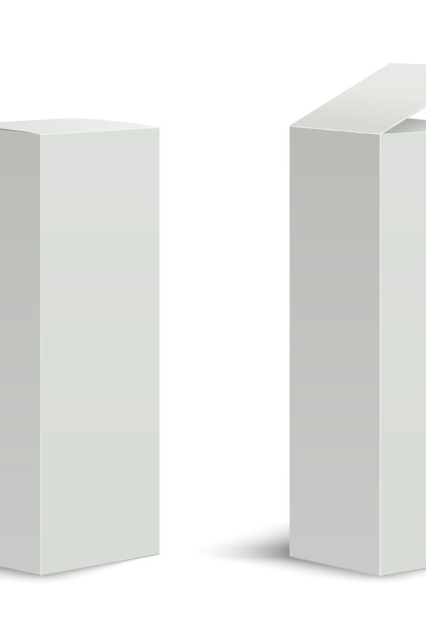 Tall box. High white cardboard box with a closed and open li