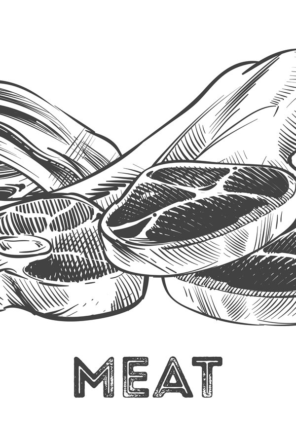 Hand drawn steak, ribs, fresh meat isolated on white