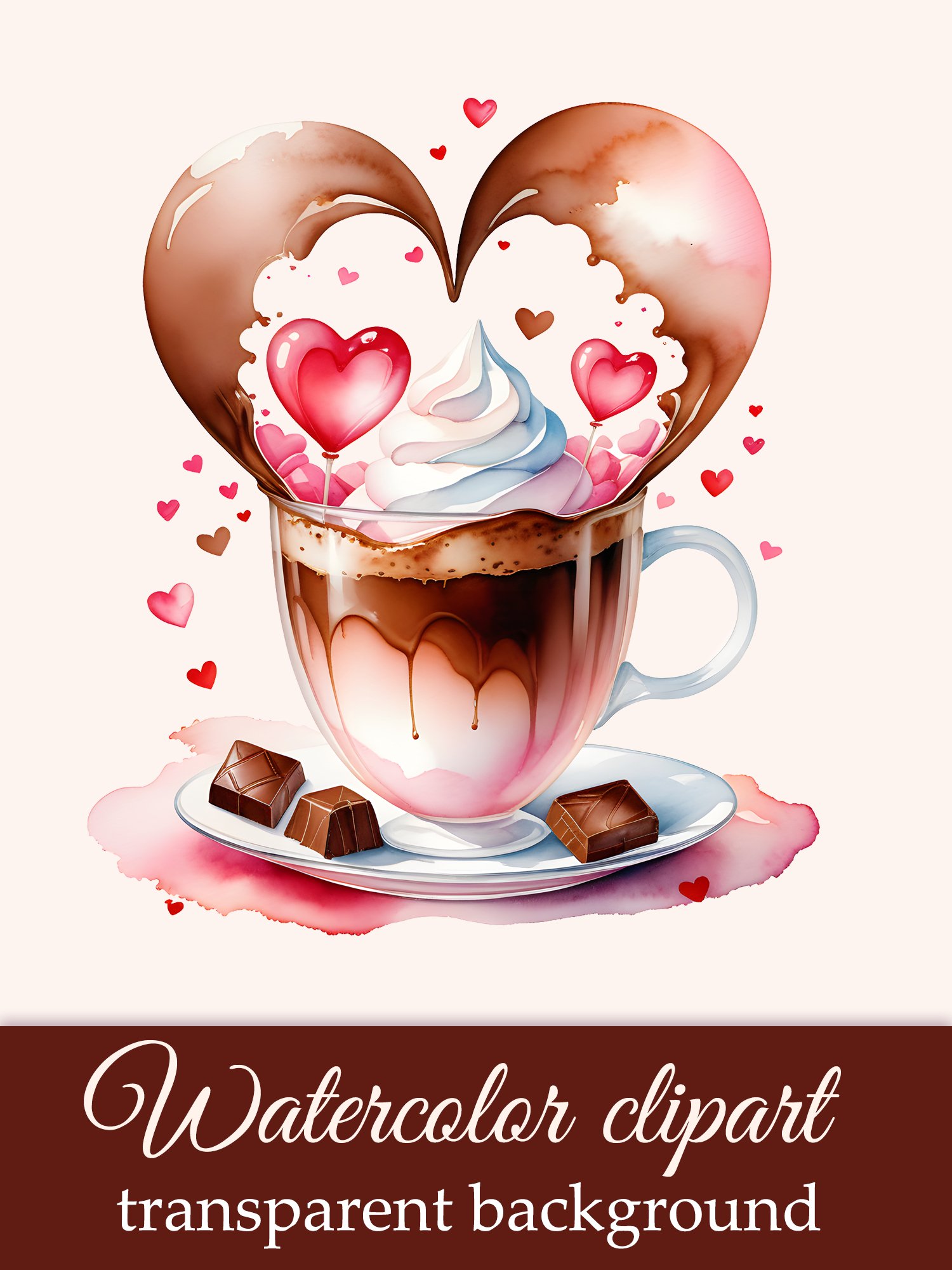 Watercolor coffee cup with hearts and chocolate, clipart Png