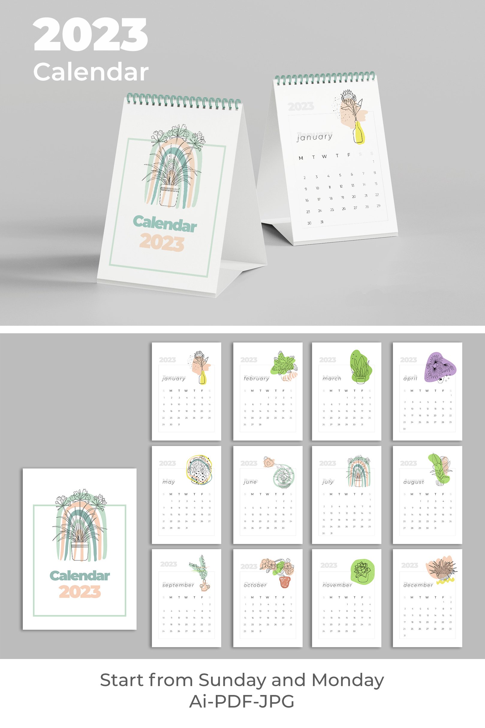 Floral Boho Calendar Template 2023. Contemporary Design.