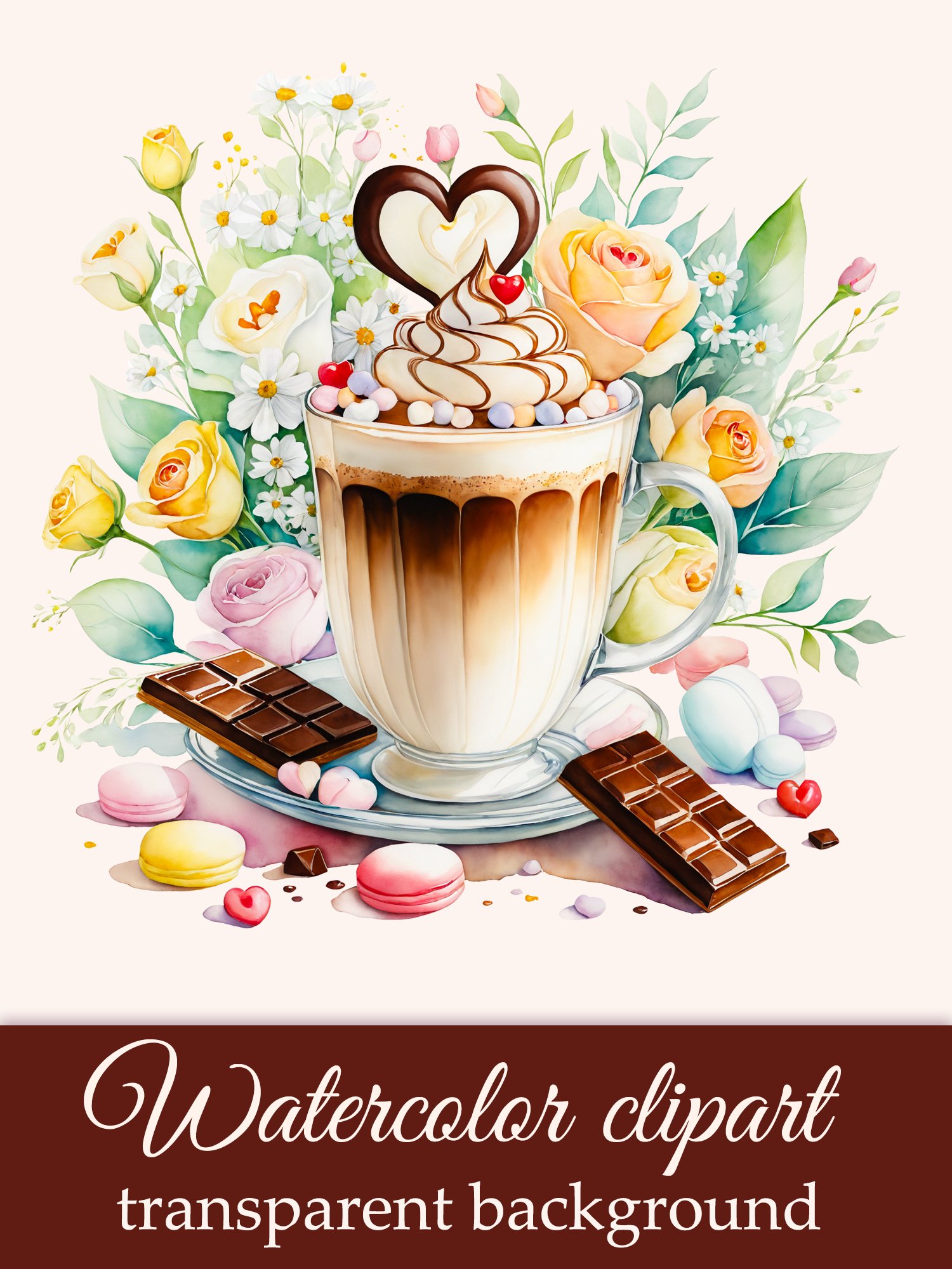 Watercolor coffee cup with hearts and chocolate, clipart Png