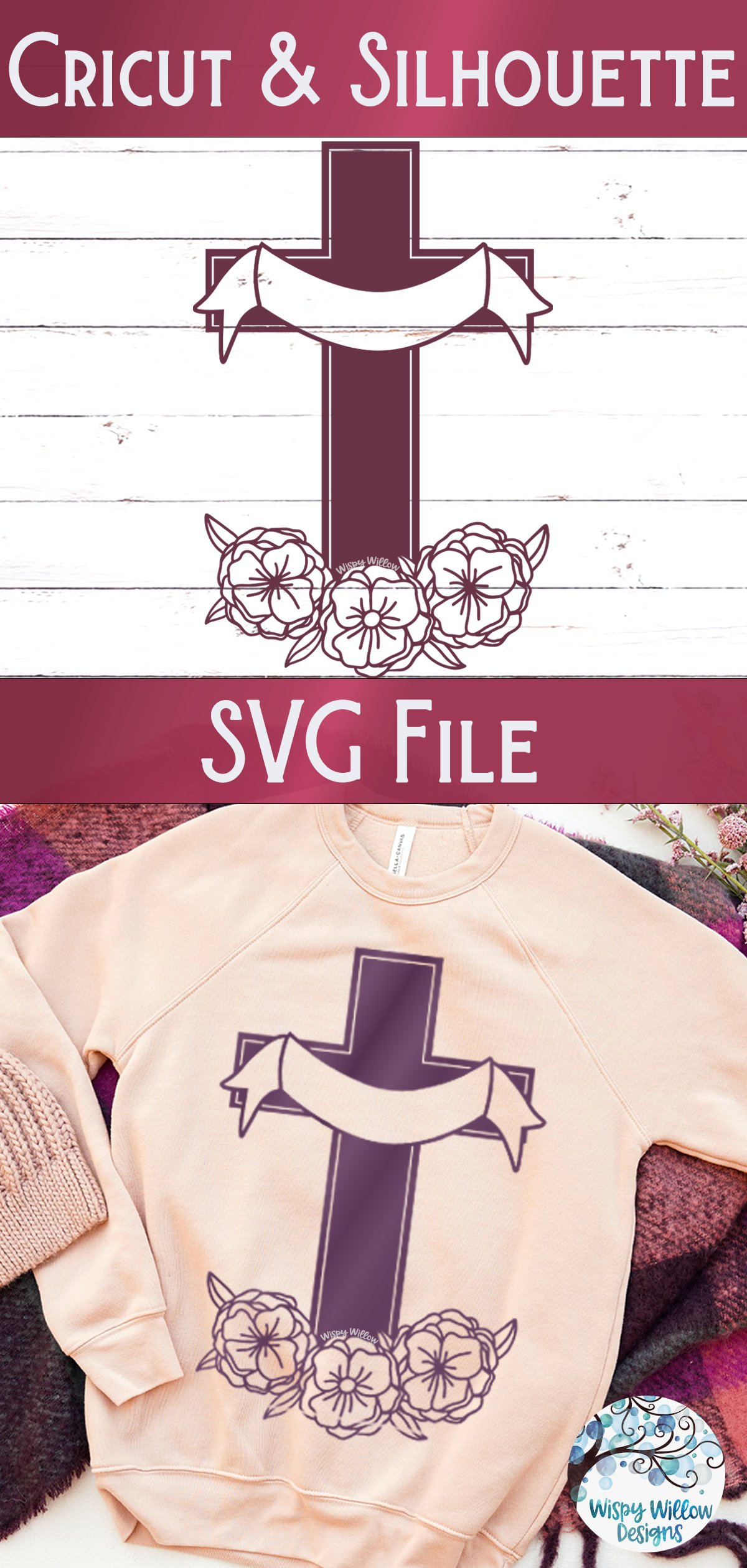 Floral Cross with Draped Ribbon SVG | Cross With Flowers SVG