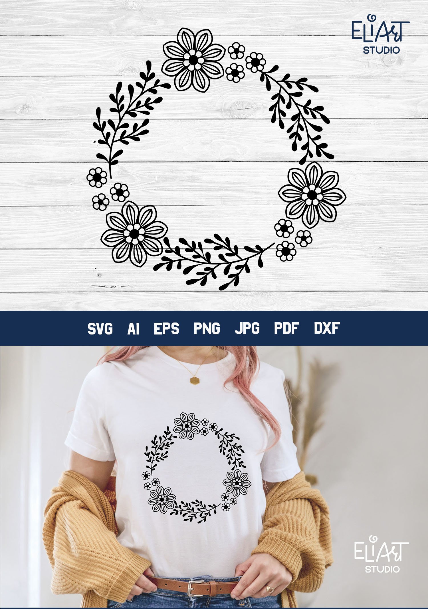 Floral Circle Frame | Flower Round Monogram Frame