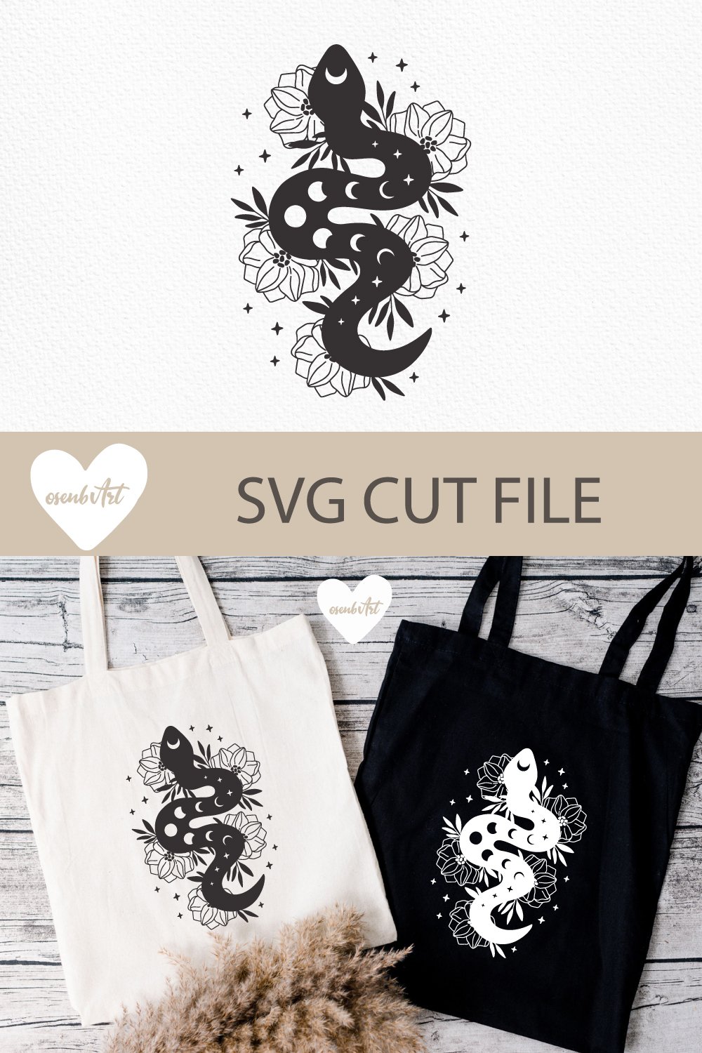 Floral Celestial Snake SVG, Moon Phase SVG, Boho SVG File