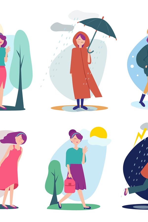 Woman weather. Seasonal people walking with umbrella summer