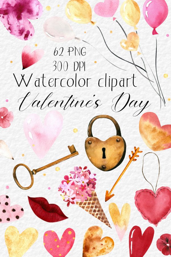 Watercolor Valentine's day clipart bundle. (1787748)
