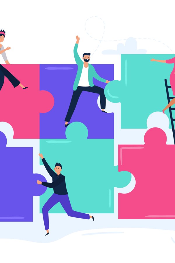 Puzzle teamwork. People work together and connect puzzle pie