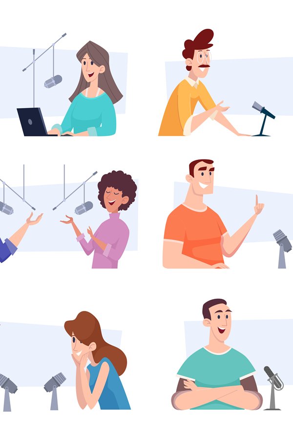 Broadcast dialogue. Radio studio people talking microphones