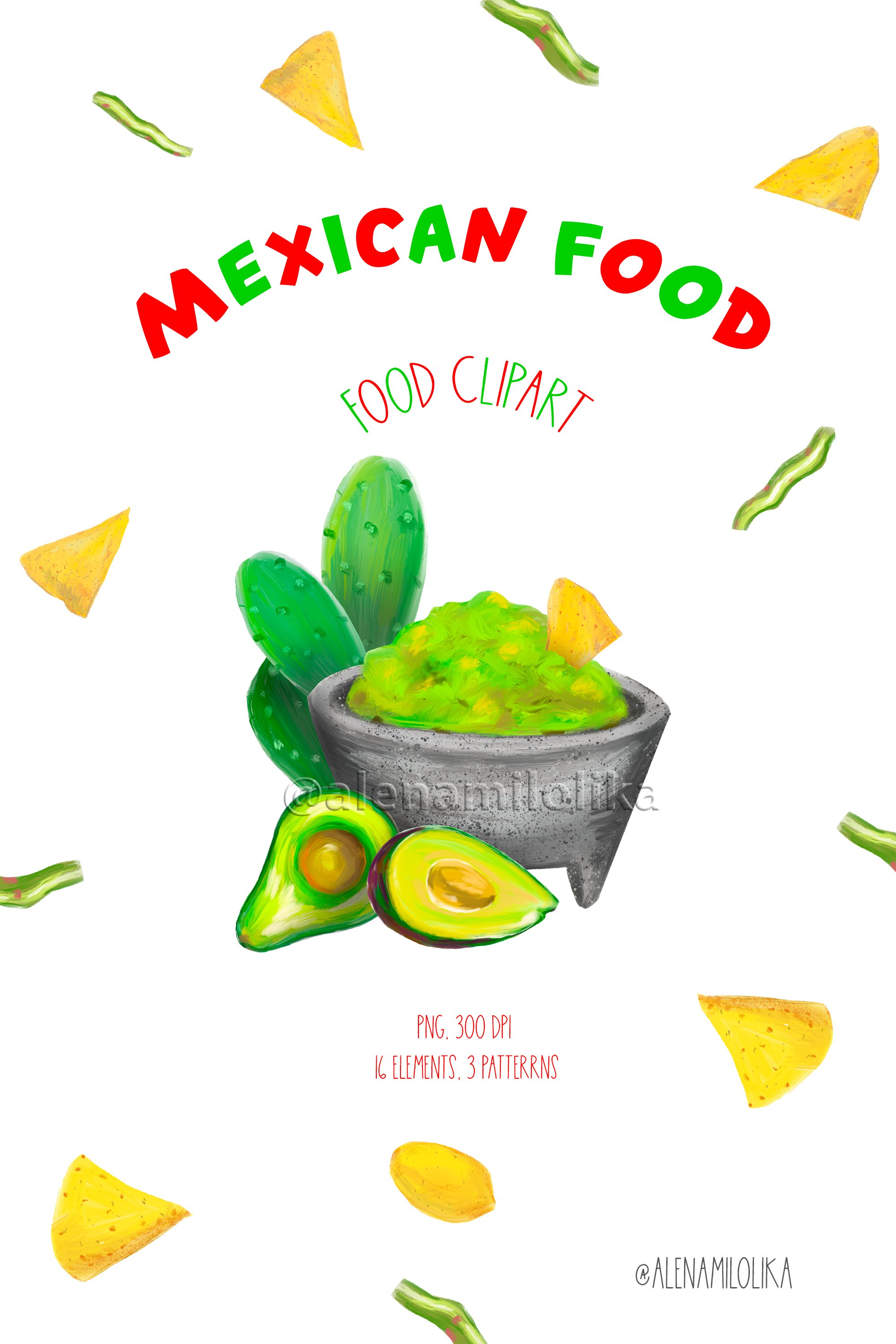 Watercolor Mexican Food Clipart. Avocado, chips, cactus