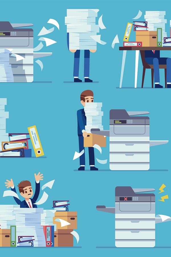 Office documents copier. Printer printing office papers, man