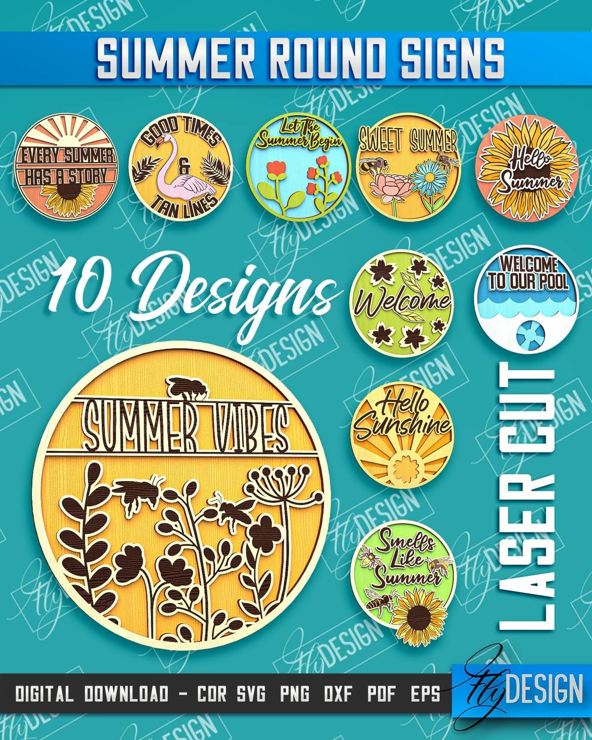 Summer Round Sign Laser Cut Bundle | Layered Summer Sign SVG