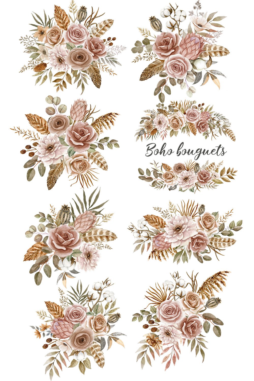 Boho watercolor set of flowers and bouquets.Digital paper