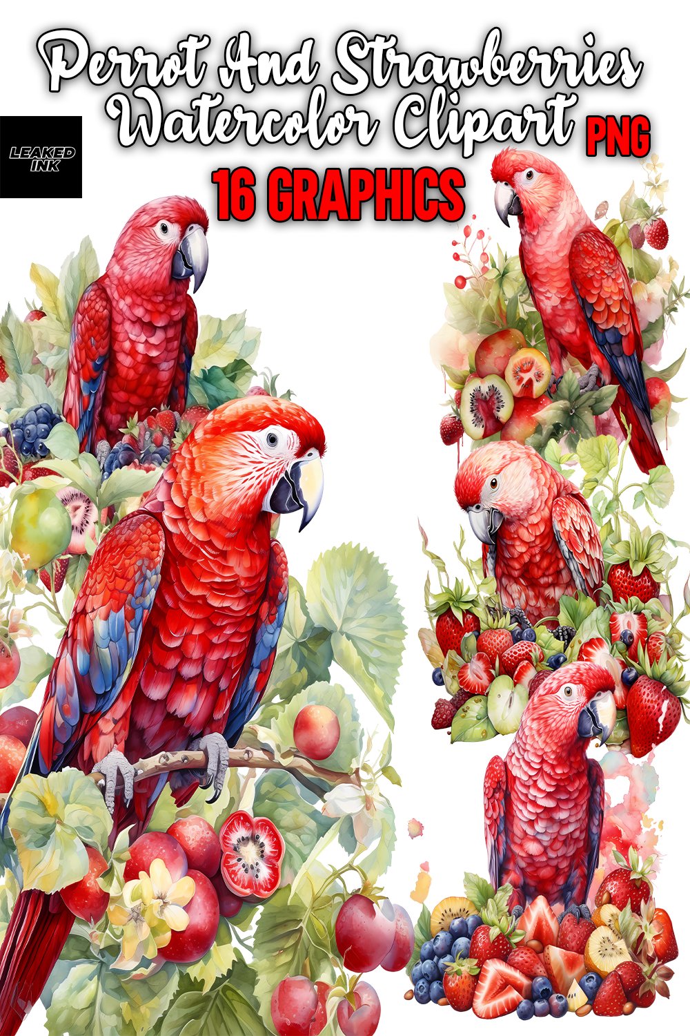 Parrot and Strawberries Watercolor Clipart