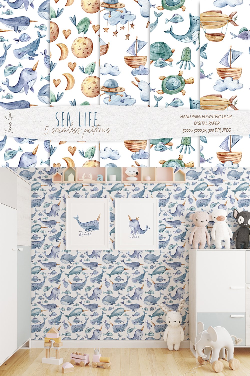 Watercolor nautical seamless patterns. Digital paper pack