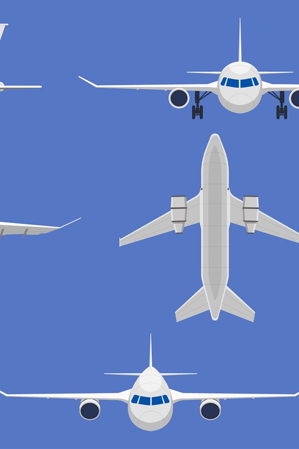 Airplane flight. Aircraft plane in front, side and top view,