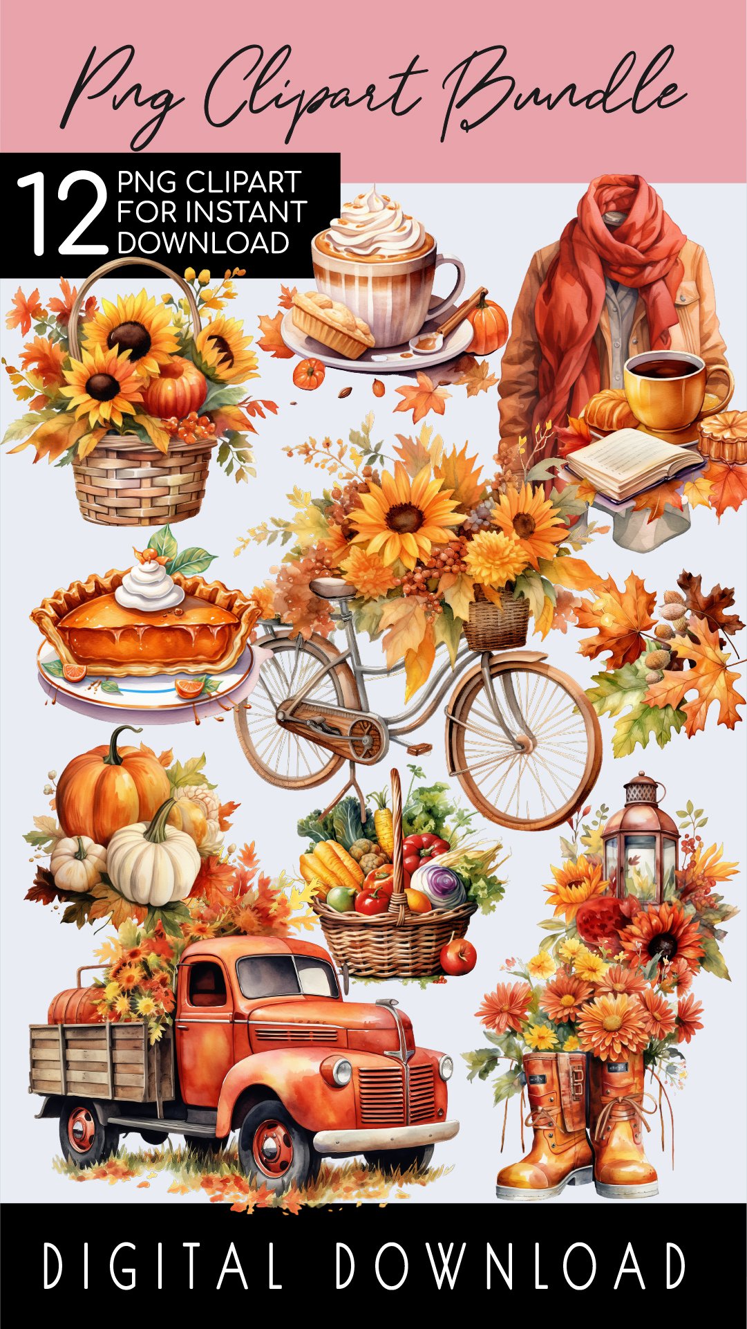 Fall Sublimation Bundle, Watercolor Autumn Clipart PNG