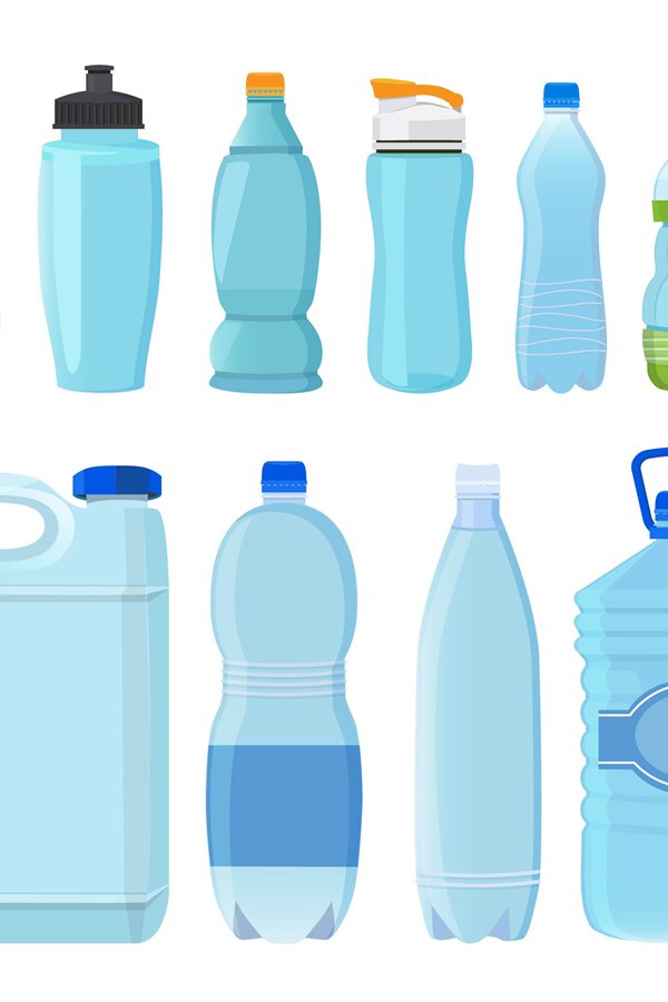 Plastic bottles for water of different types and sizes