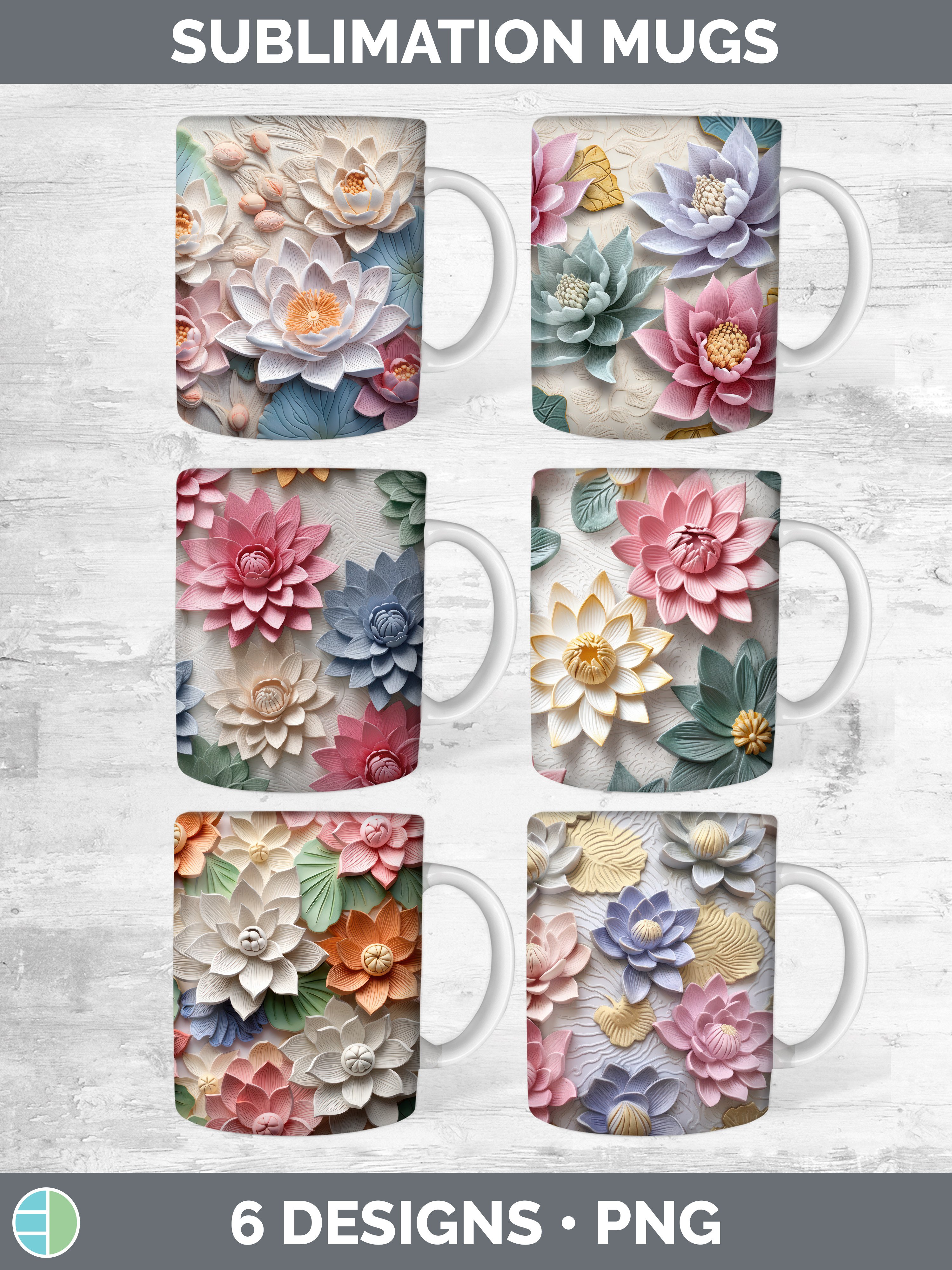 3D Lotus Flowers Mug Wrap | Sublimation Coffee Cup Designs B