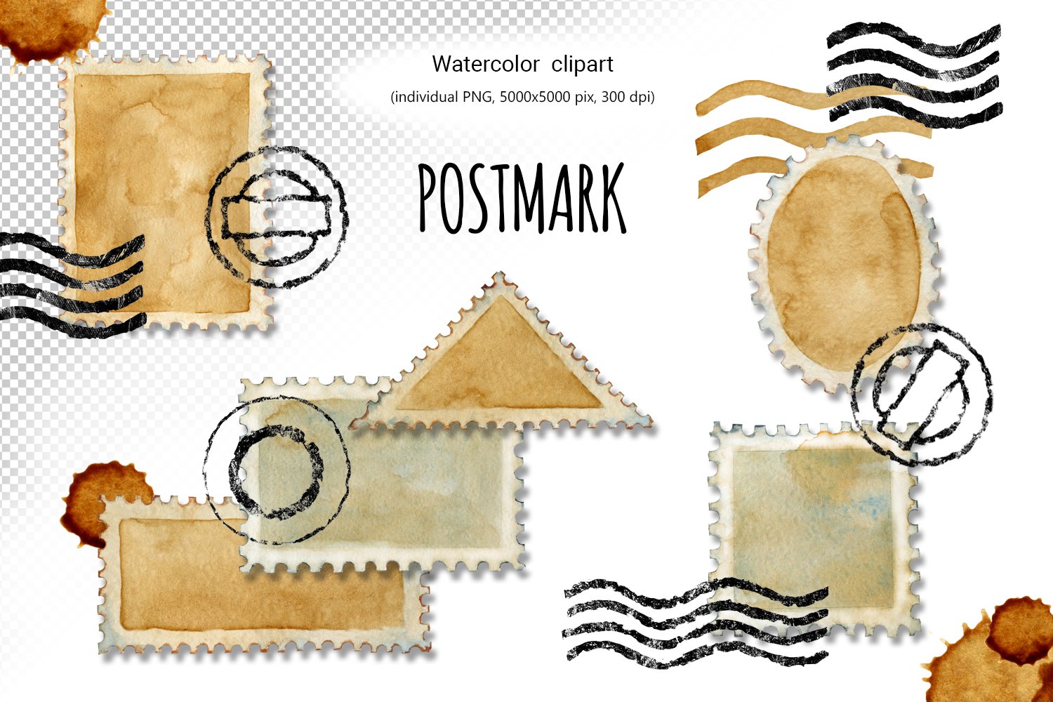 Postage stamp, postmark, watercolor clipart, (1033333)