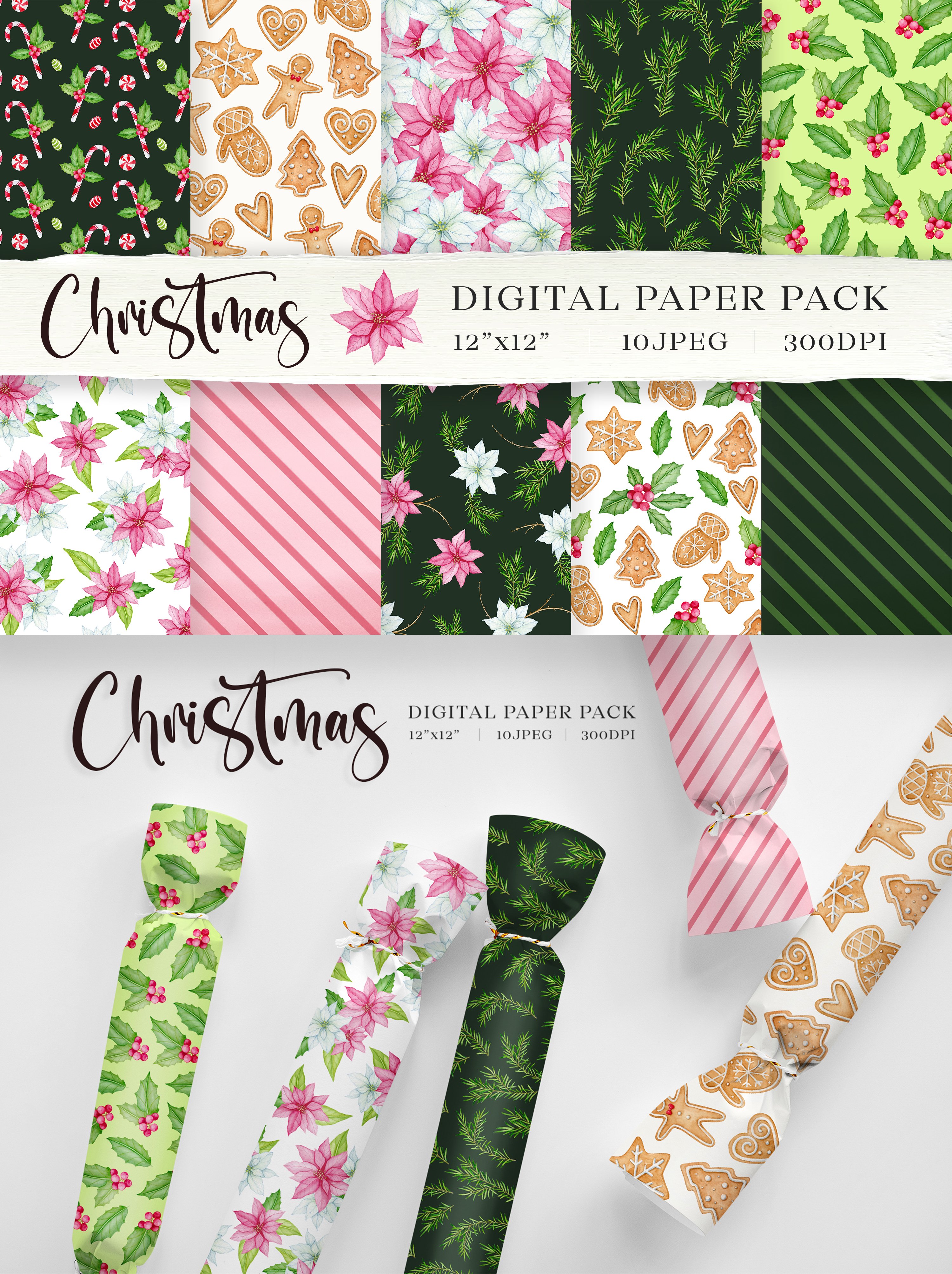 Watercolor Christmas Digital Paper Pack, Scrapbooking Paper