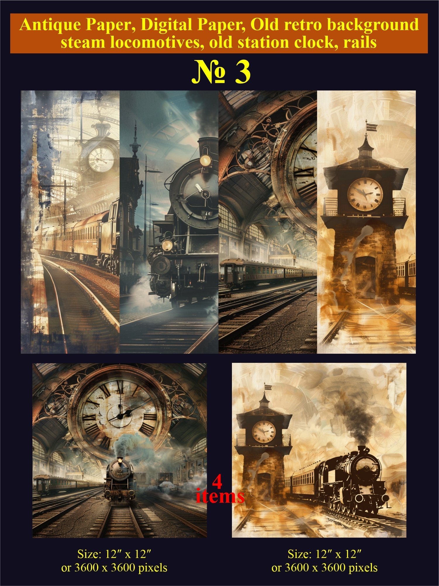Old retro background with steam locomotives, old clock