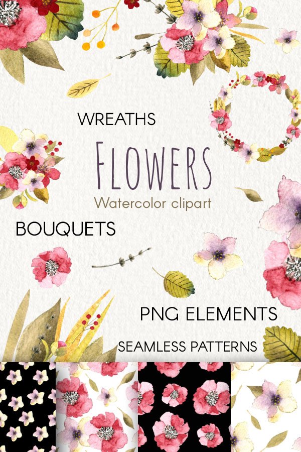 Watercolor flowers clipart. Sublimation PNG