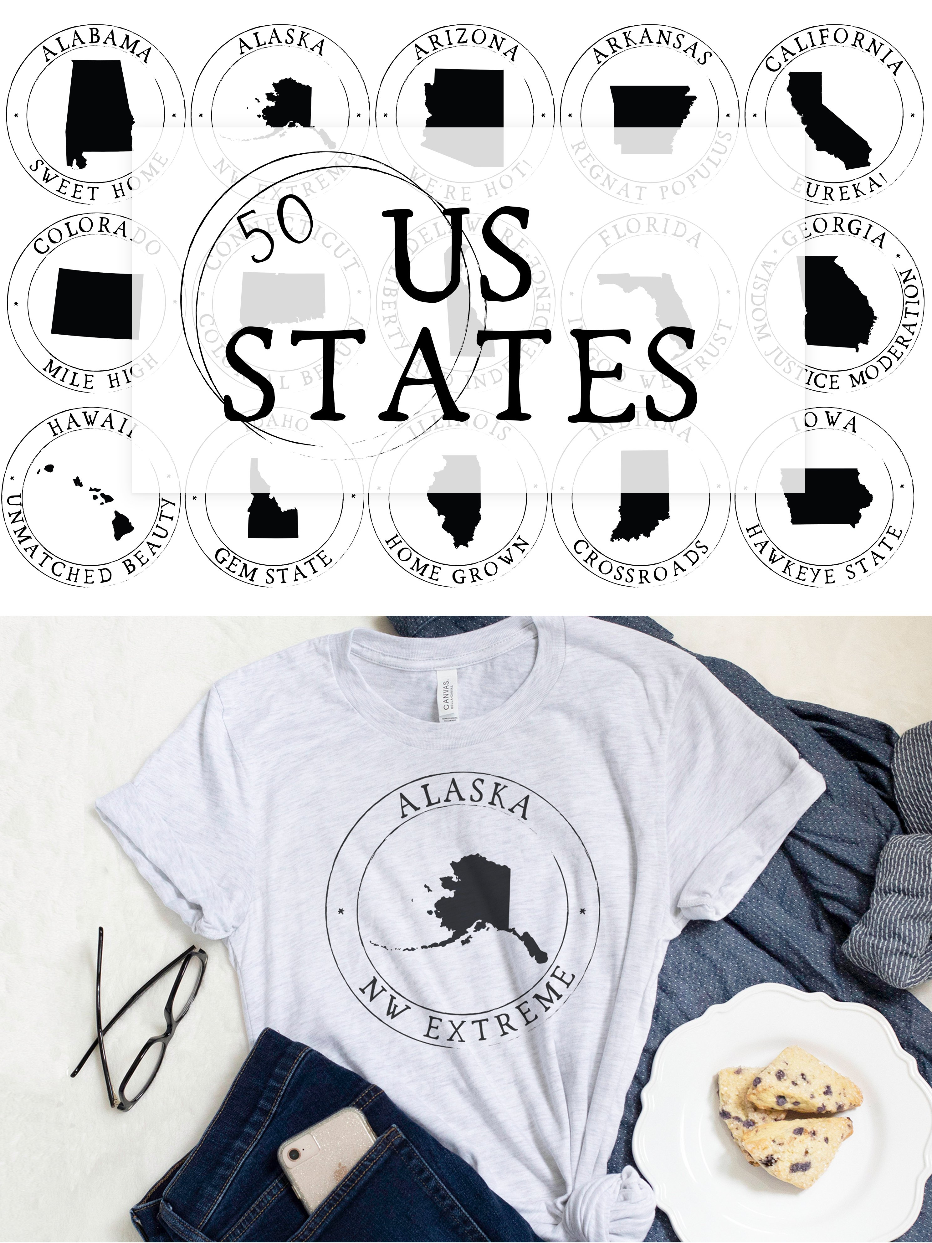 50 US State Round Emblems Clipart and Sublimation