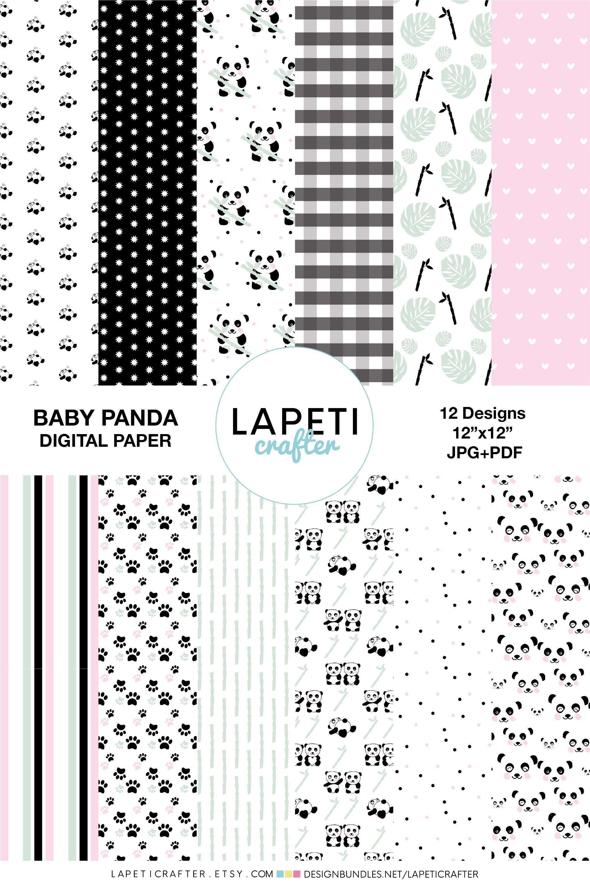 Panda bear digital paper for baby girl | 12 Printable Papers