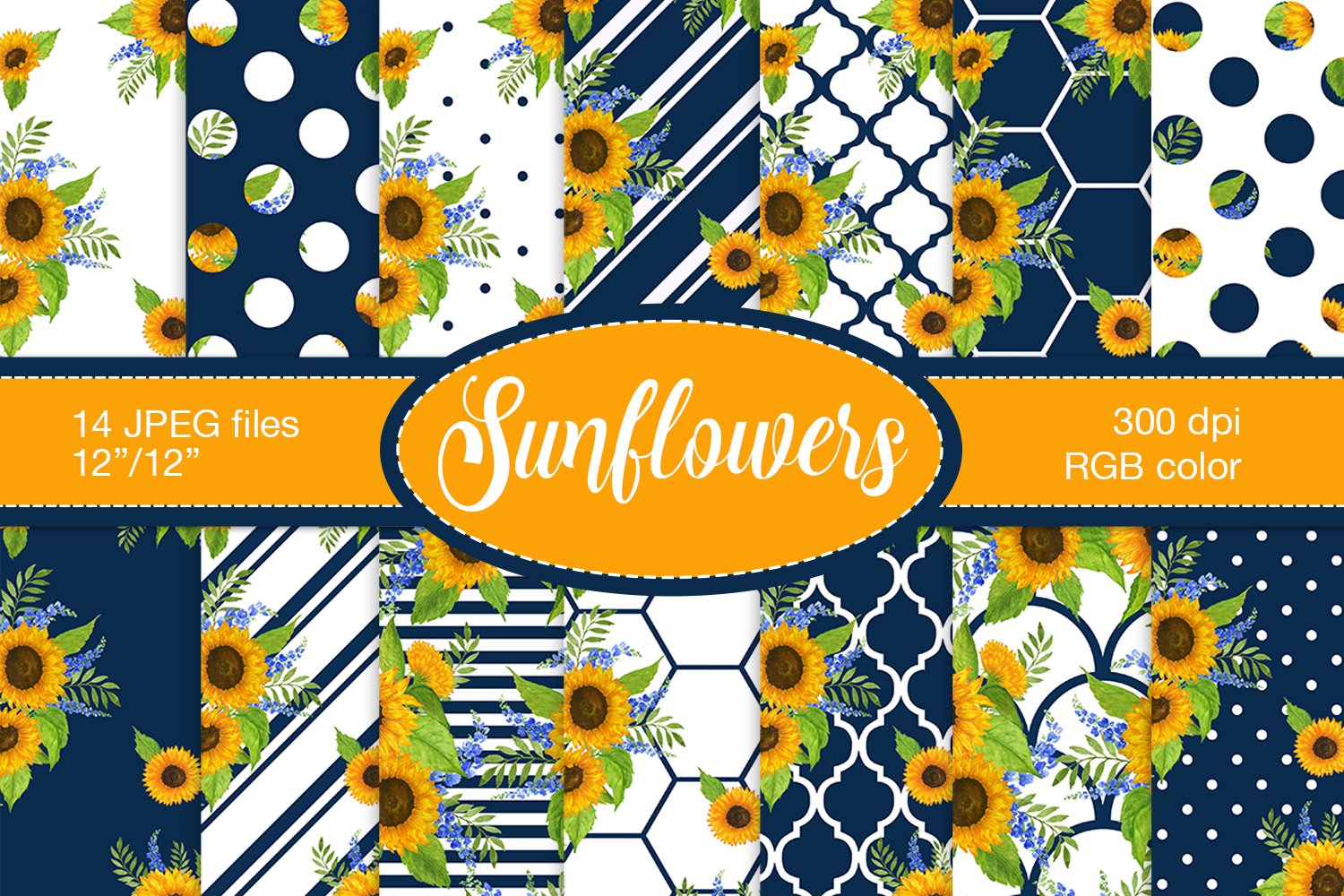 Sunflower digital paper, Floral digital paper pack