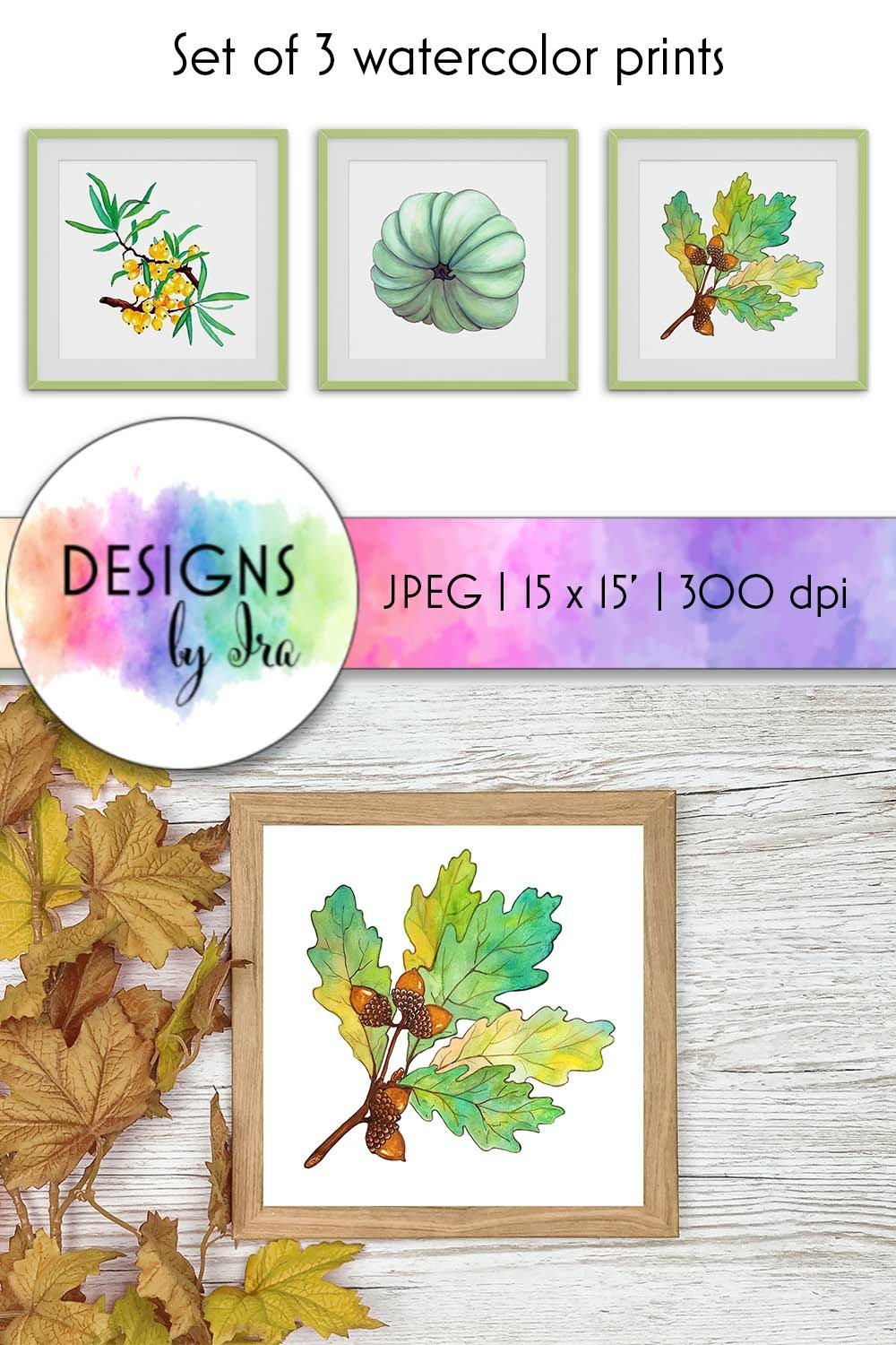 Set of 3 watercolor prints, autumn wall printable