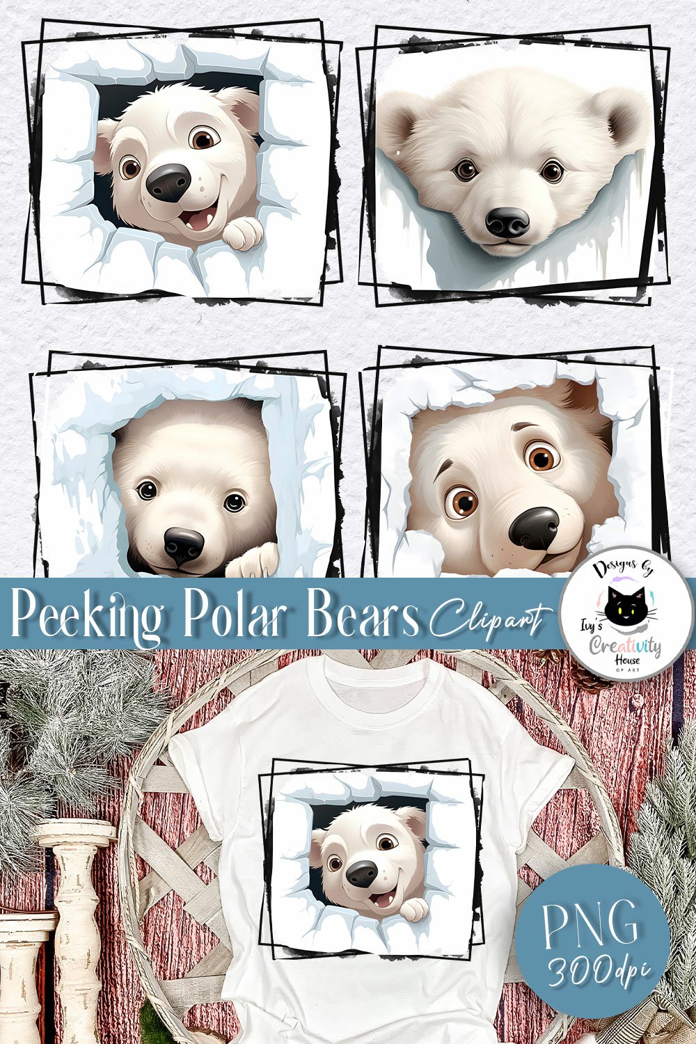 Peeking Polar Bears Christmas Clipart | Animal PNG Designs
