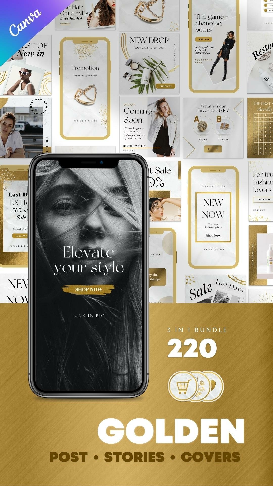 3in1 Gold Instagram Post Story Highlight Templates.