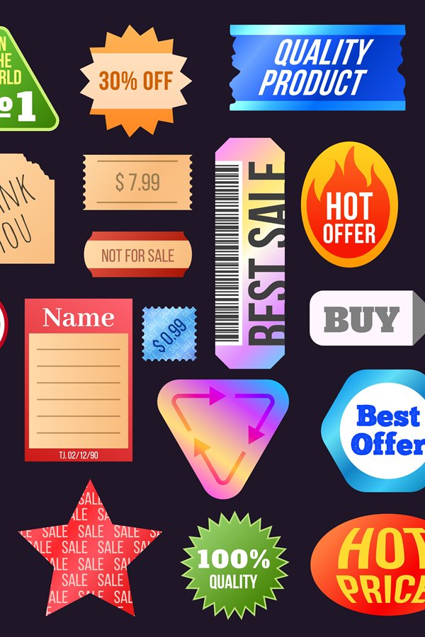 Retro price hologram sticker and sale labels in 90s style. V