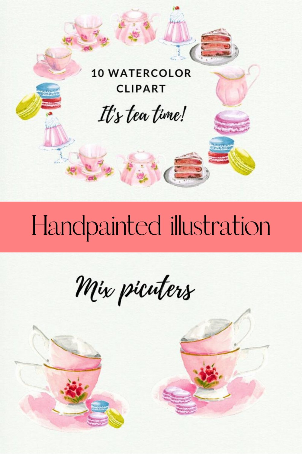 Watercolor French Macaroons, Pink Teapot Tea Cup
