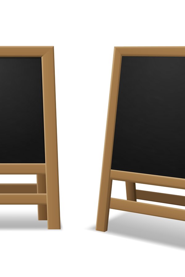 Announcement menu board. Black wooden realistic easel, sidew