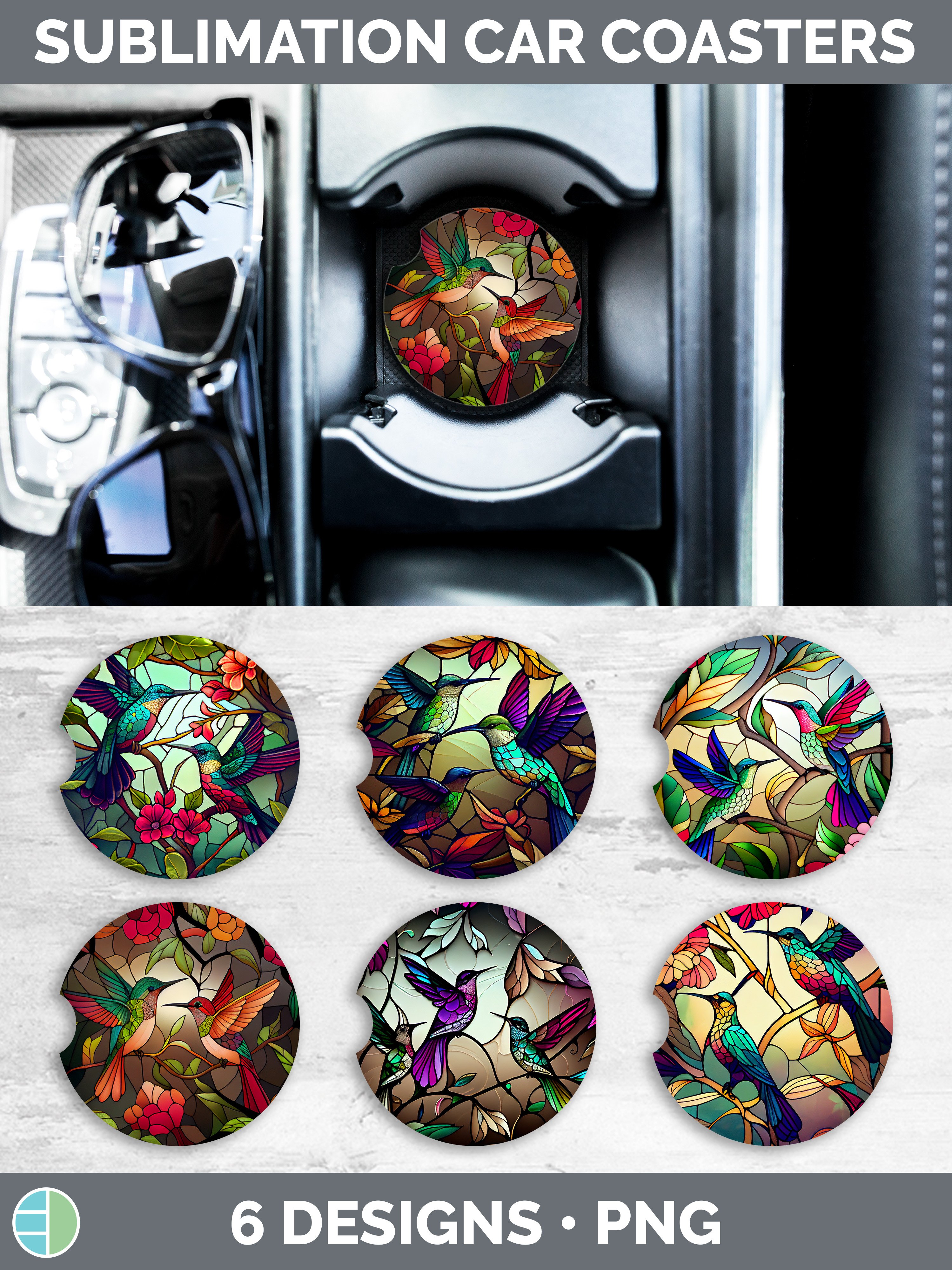 Stained Glass Hummingbird Car Coaster | Sublimation Designs