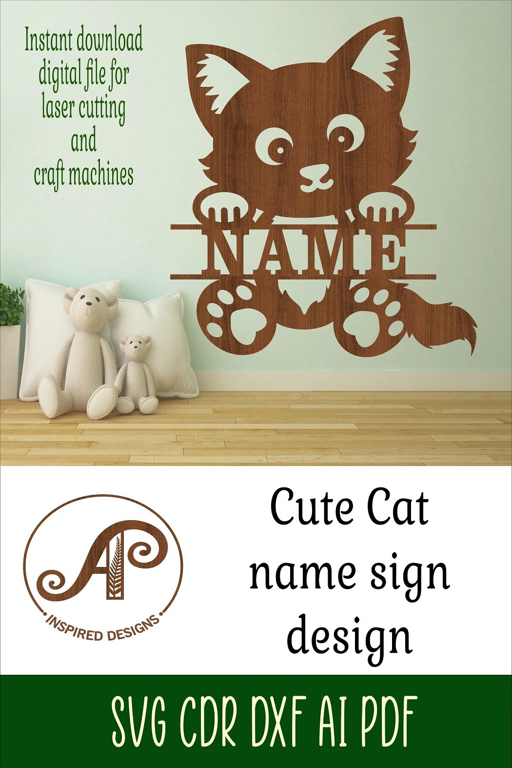 Cute Cat Name sign svg laser cut template, wall art