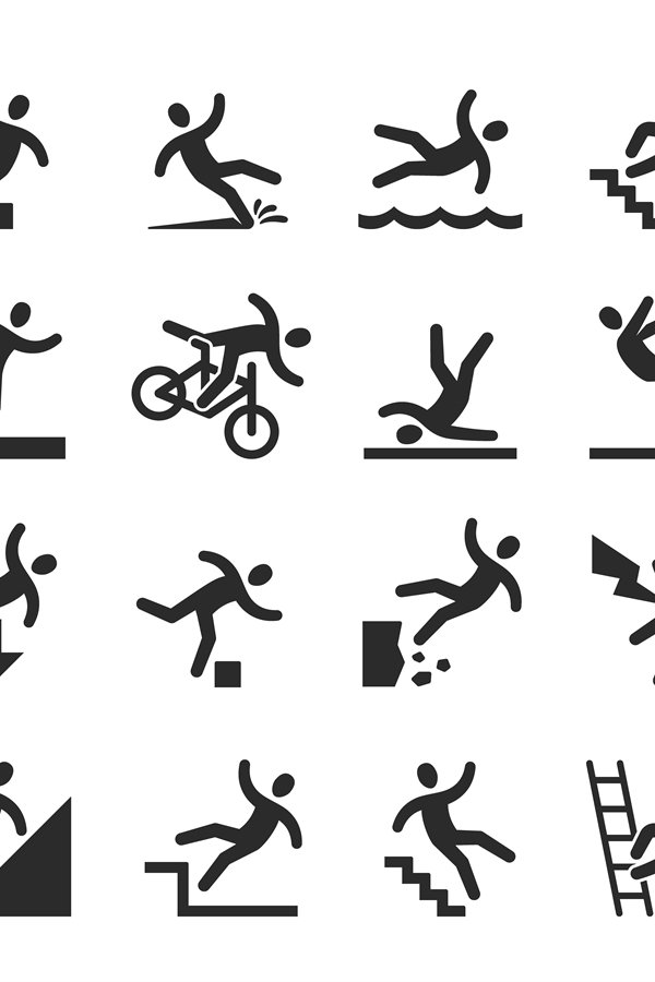 Stick figure man falling beware, hazard warning symbols. Per