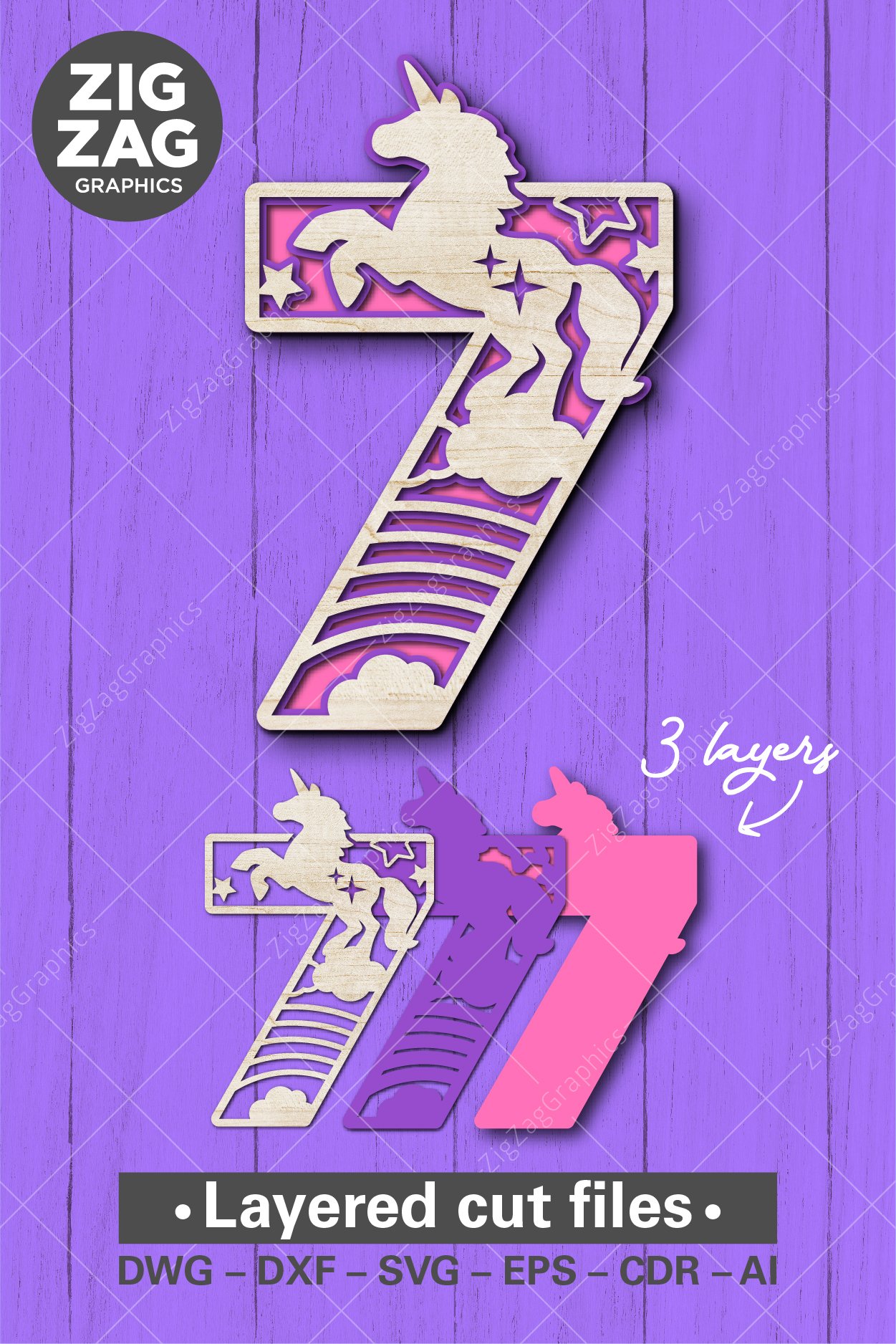 3D Layered Layered Number 7 svg cut file