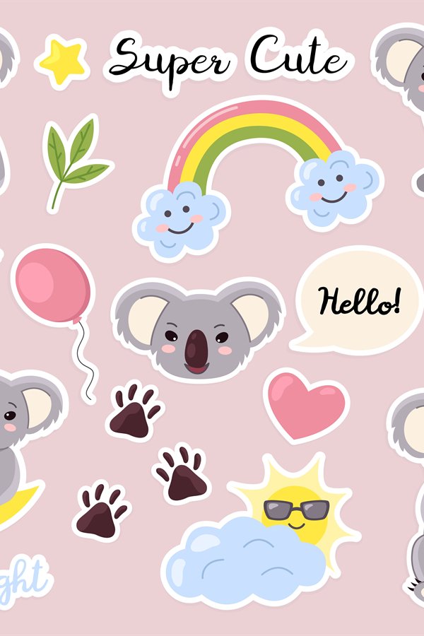 Cute animals stickers. Fauna labels, cute fluffy little bear