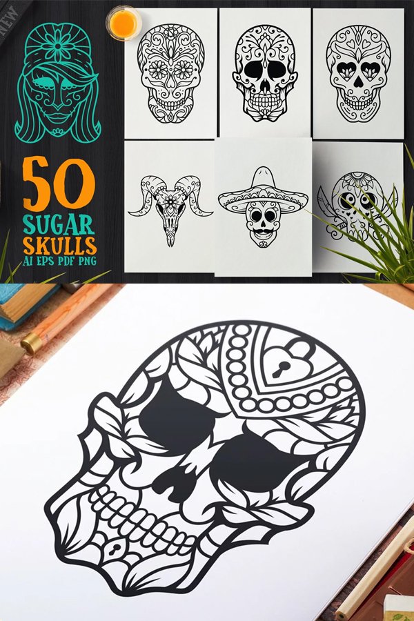 50 Vector Sugar Skulls SVG Bundle